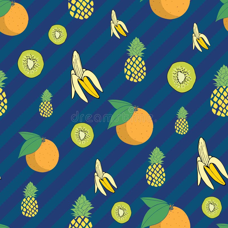 Seamless Fruits Pattern on Blue Stripes Stock Vector - Illustration of ...