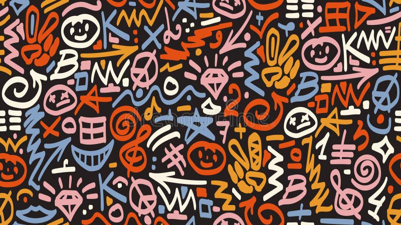 Seamless Fun Doodle Vector Pattern on Black. Hand Drawn Sketch Brush ...