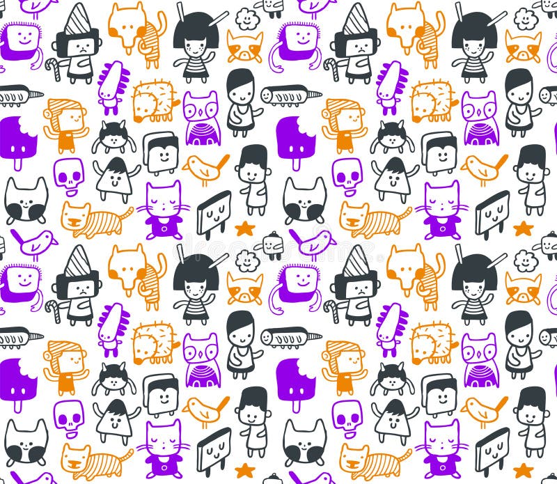 Seamless Funny Doodles Pattern Stock Vector - Illustration of drawn ...