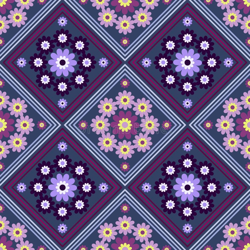 Seamless Geometric Pattern, Flowers in a Rhombus on a Dark Blue ...