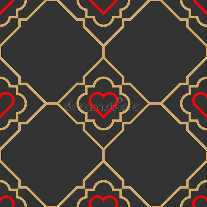 Seamless Geometric Pattern with Heart Over Dark Gray Background Stock ...