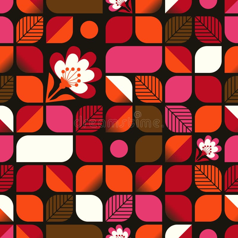 Seamless Geometric Pattern with Leaves, Strawberries and Blossoms Stock ...