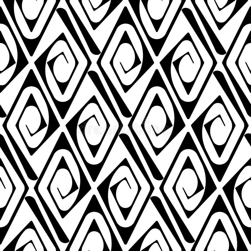 Seamless Geometric Pattern with Rhombuses Black Spirals with Rounded Corners on White Background ...