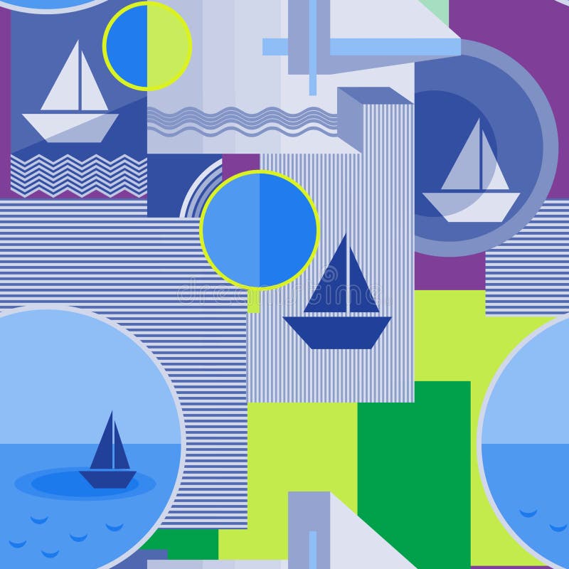 Seamless Geometric Pattern with Silhouette of Ship, Circle, Square ...