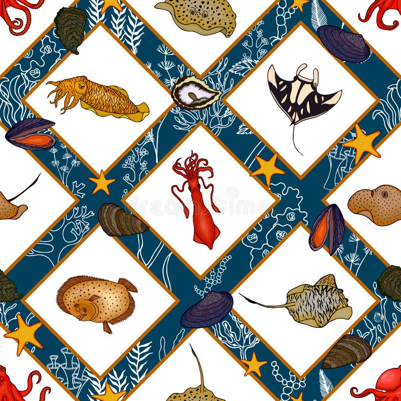 Seamless Pattern of Marine Animals, Squares. Vector Stock Illustration ...