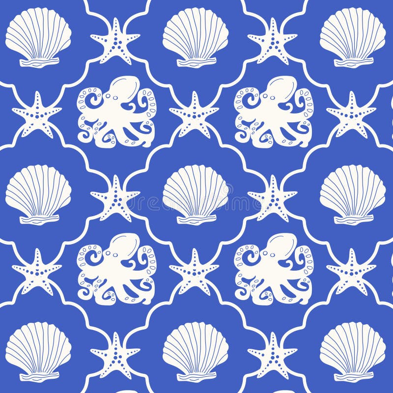 Seamless Geometric Sea Pattern with Octopus on Blue Background. Summer ...