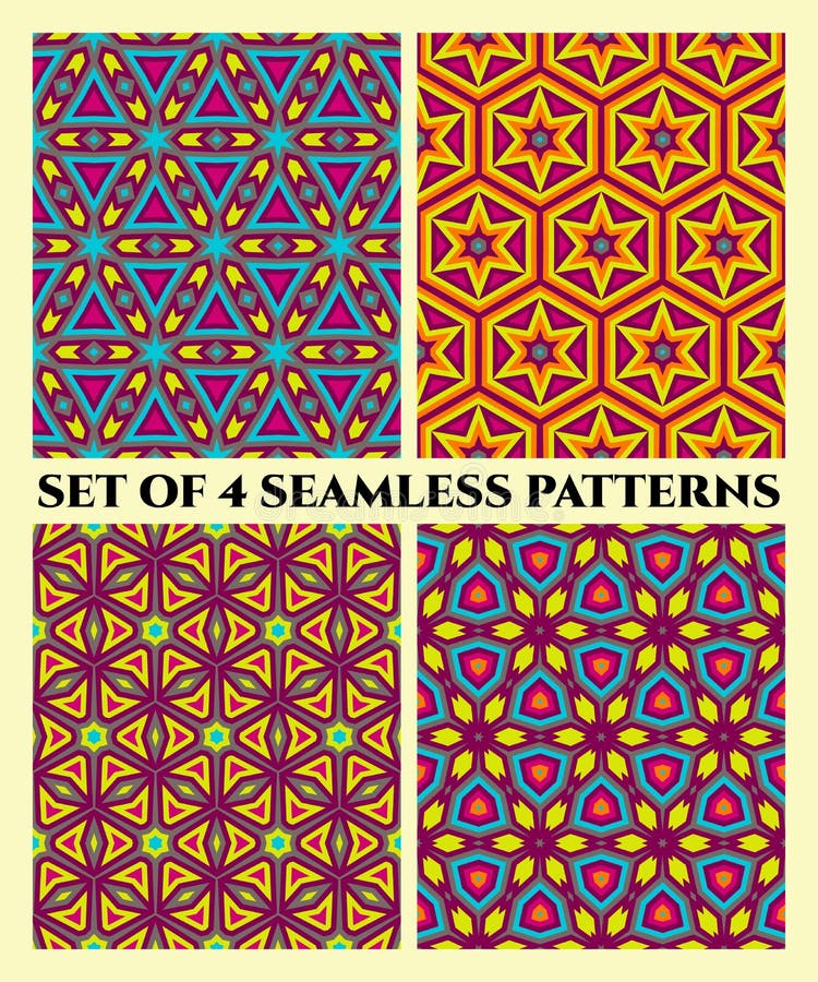 Seamless Geometrical Patterns of Violet, Blue, Grey, Orange and Yellow ...