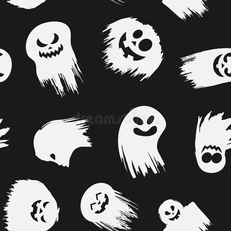 Seamless Ghost Illustrations Pattern with Black Background Stock Vector ...