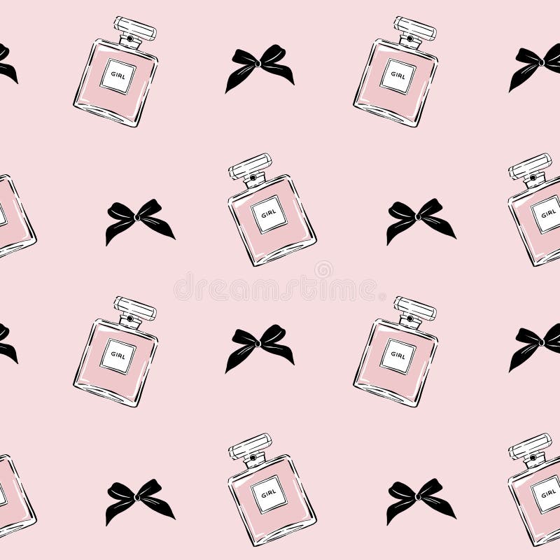 Seamless Glamour Pattern with Cologne Perfume and Bows in Hand Drawn ...