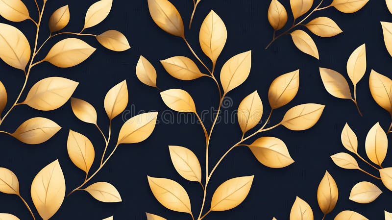 Seamless Gold Leaves Pattern on Dark Blue Background Stock Illustration ...