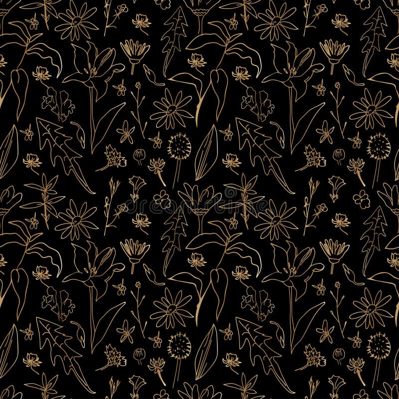Seamless Gold Line Floral Vector Pattern on a Black Isolated Background ...