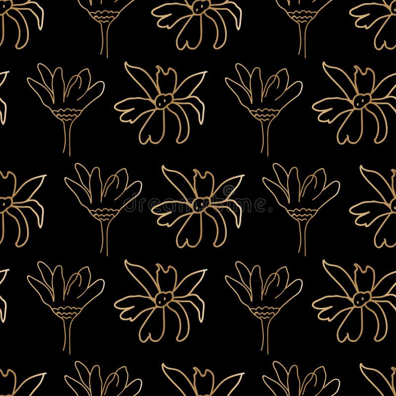 Seamless Gold Line Floral Vector Pattern on a Black Isolated Background ...