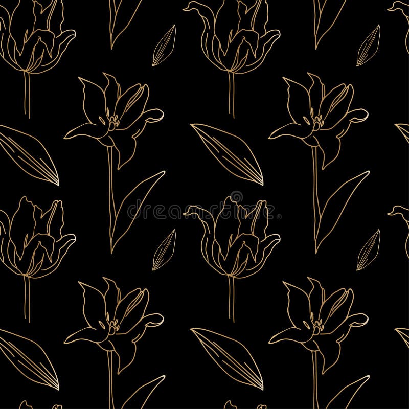 Seamless Gold Line Floral Vector Pattern on a Black Isolated Background ...