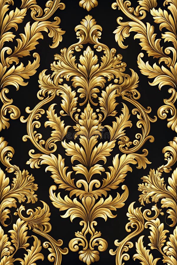 Seamless Golden Baroque Pattern on Black Background Stock Illustration ...