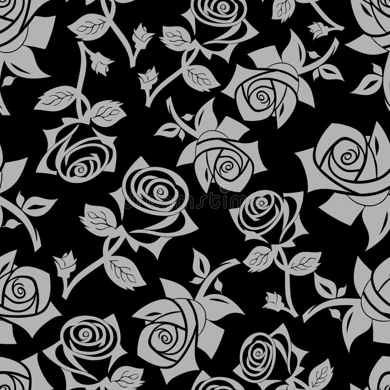 Seamless Graphic Floral Pattern of Gray Roses on a Black Background ...