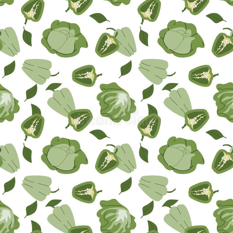 Seamless Green Bell Pepper Pattern with Leaves on White Background ...