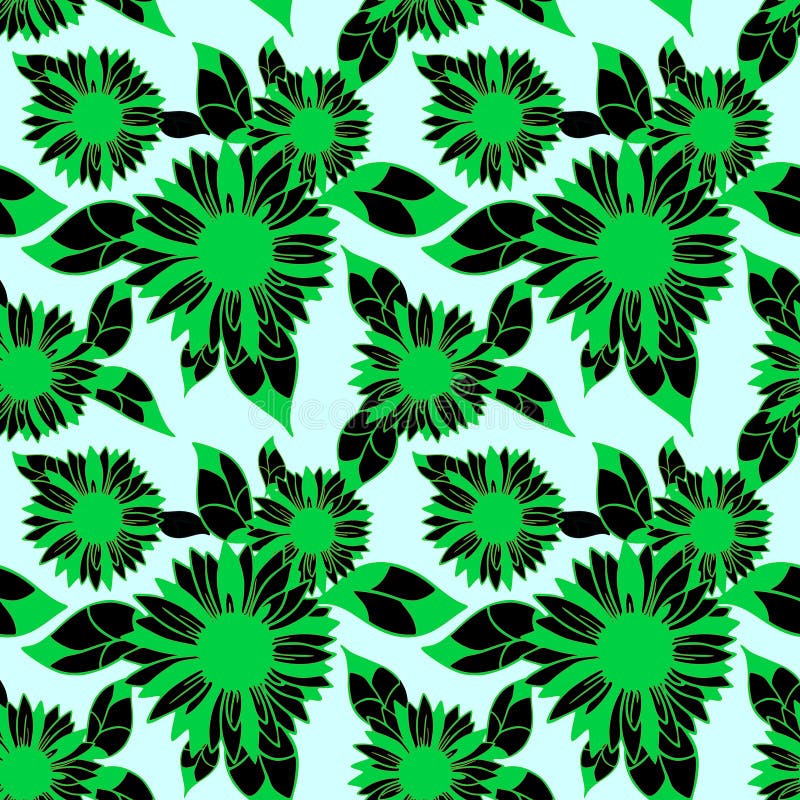 Seamless Green-black Pattern of Decorative Sunflowers on a Light ...