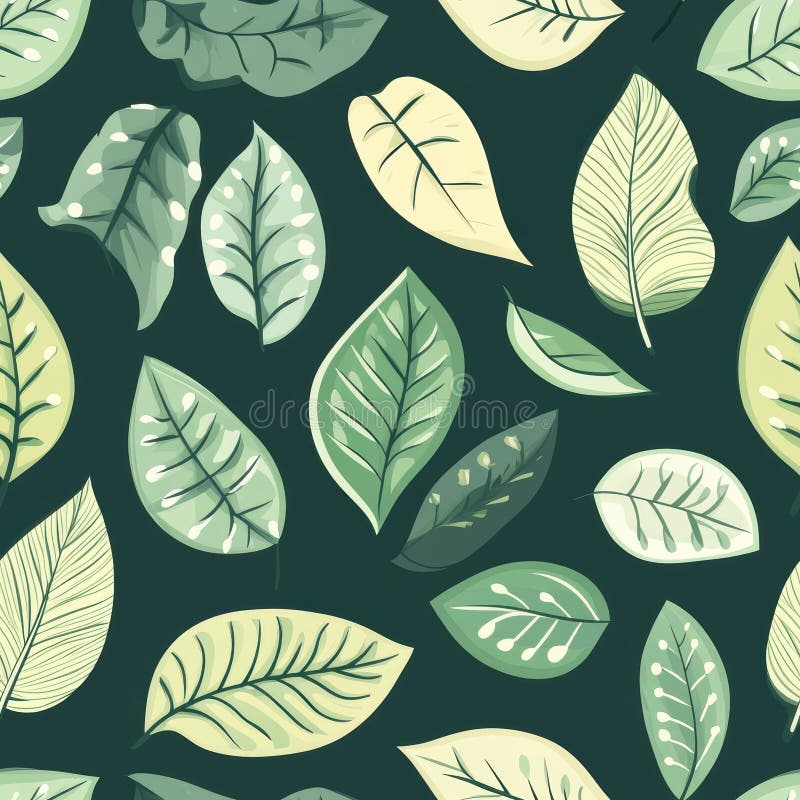 Seamless Green Leaf Pattern Featuring Various Leaf Shapes and Designs ...