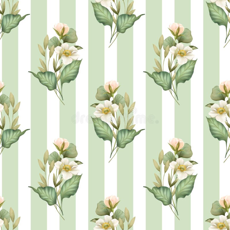 Seamless Green Pattern with Delicate Leaves and Flowers Stock ...