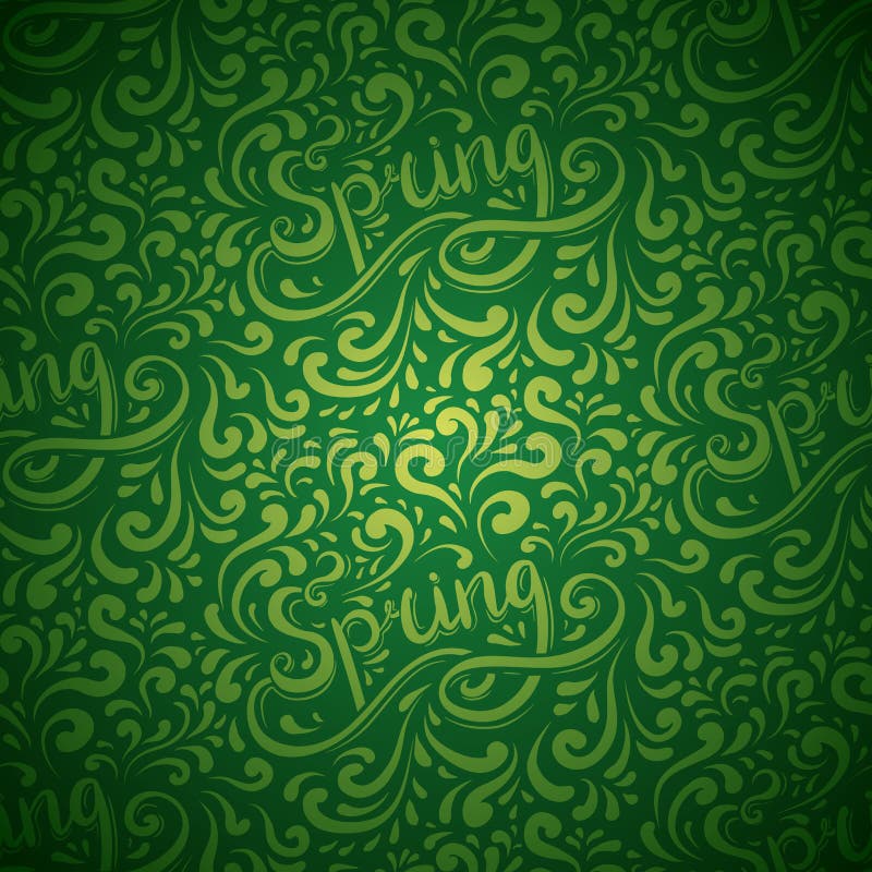 Seamless Green Pattern with Spring Lettering, Decorations and Curls ...