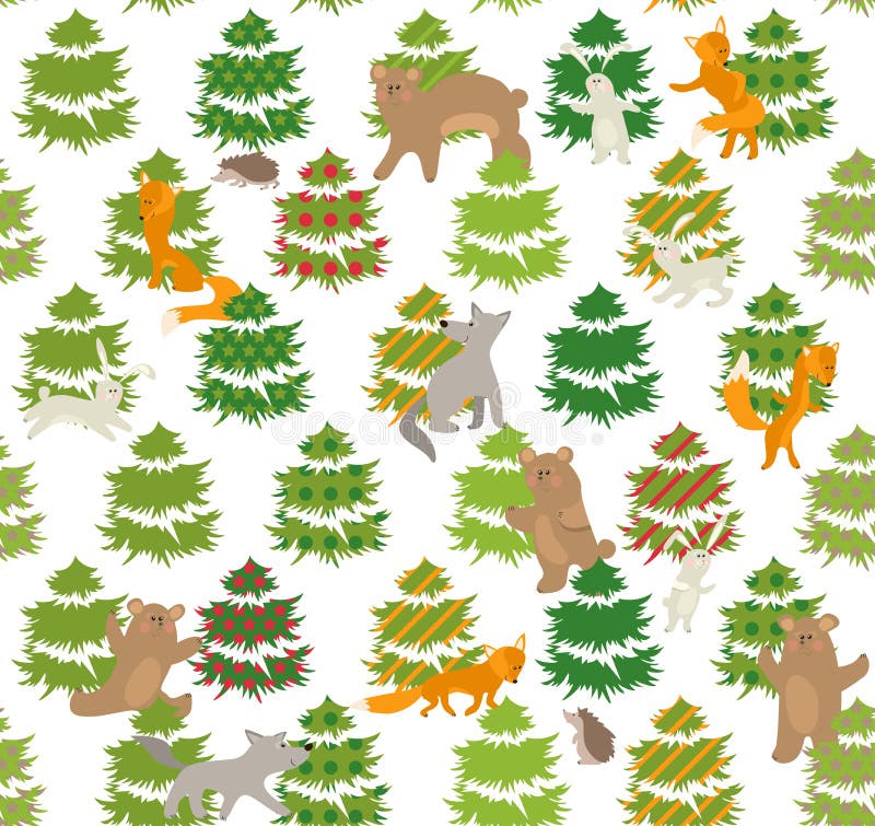 Seamless Green Pattern with Trees and Animals Stock Vector ...