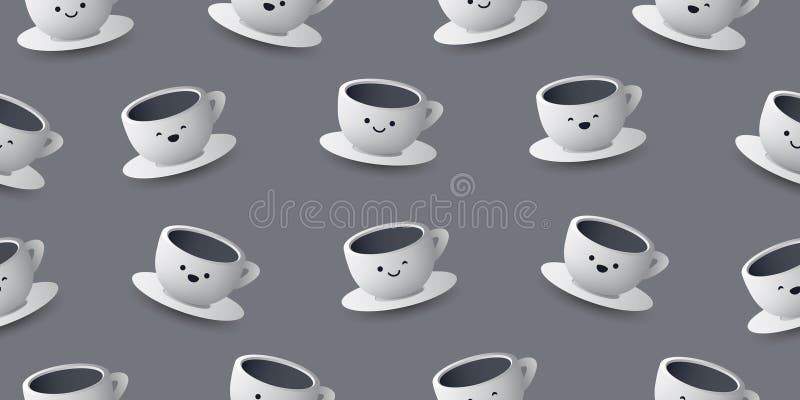 Seamless Grey Coffee Cup Icons Pattern with Smiling Faces on All of ...