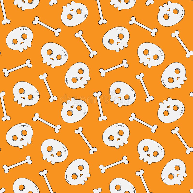 Seamless Halloween Pattern with Cute Skulls on Orange Background. Stock ...
