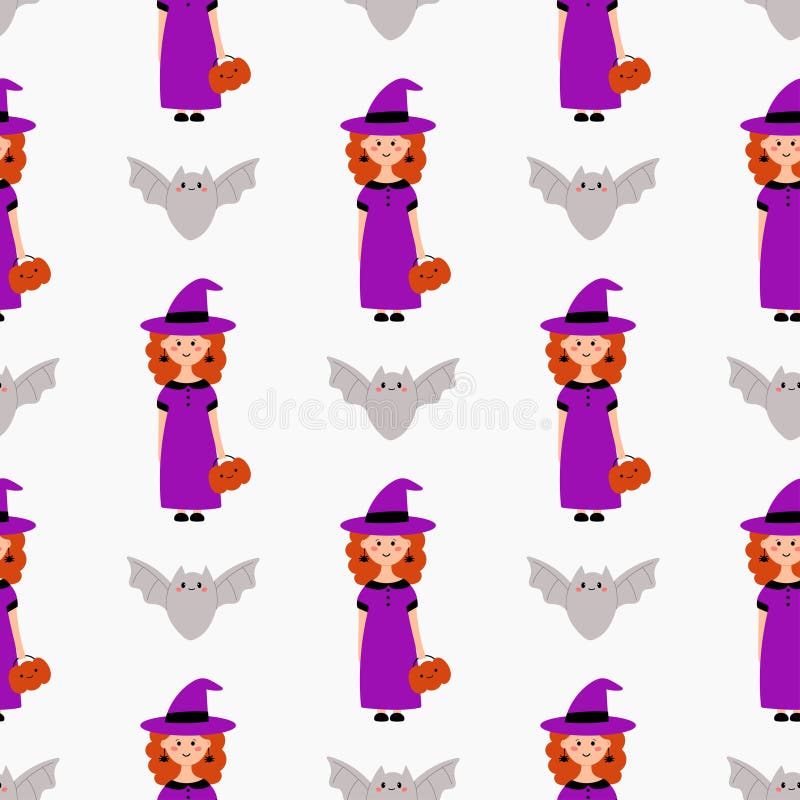 Seamless Halloween Pattern with Cute Witches and Bats on White ...