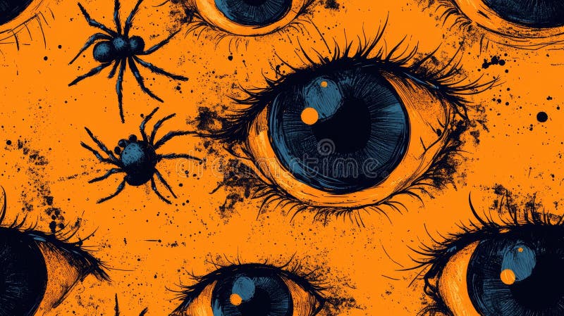 Surreal Art with Multiple Eyes and Black Spiders on an Orange ...