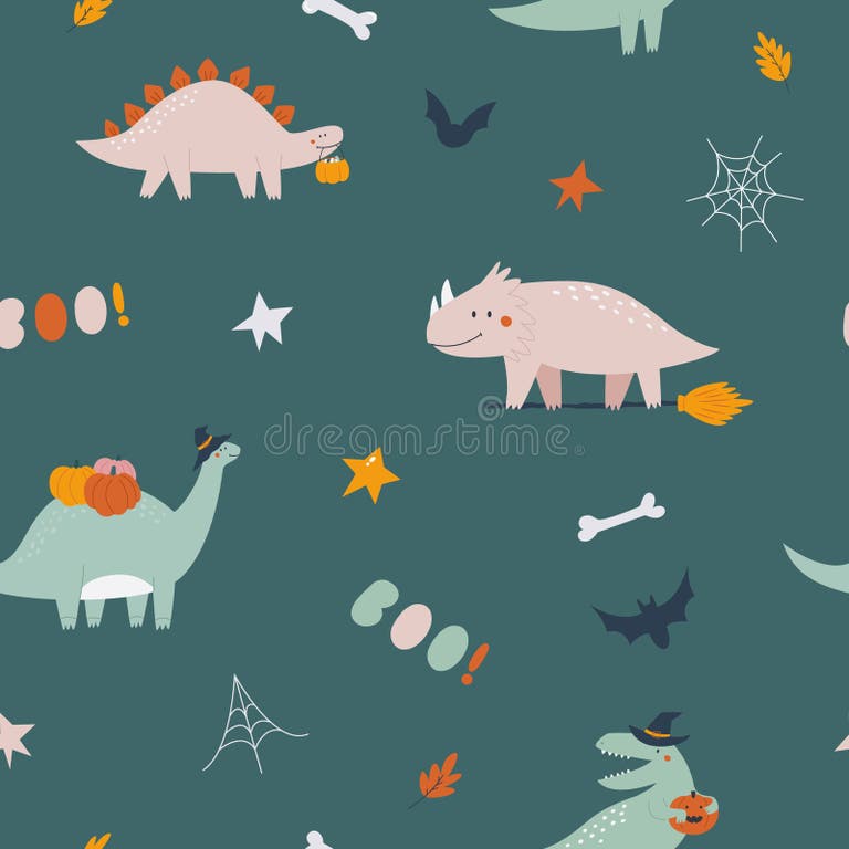 Seamless Halloween Patterns, Spooky Dinosaurs and Festive Elements Stock Vector - Illustration ...