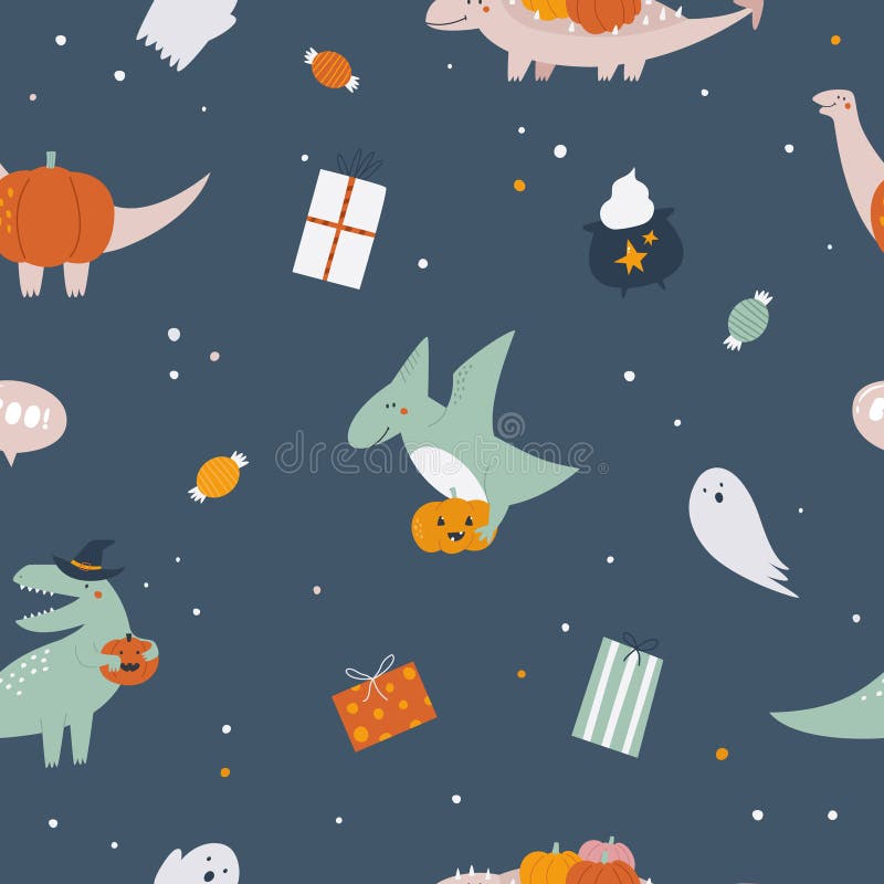 Seamless Halloween Patterns, Spooky Dinosaurs and Festive Elements ...