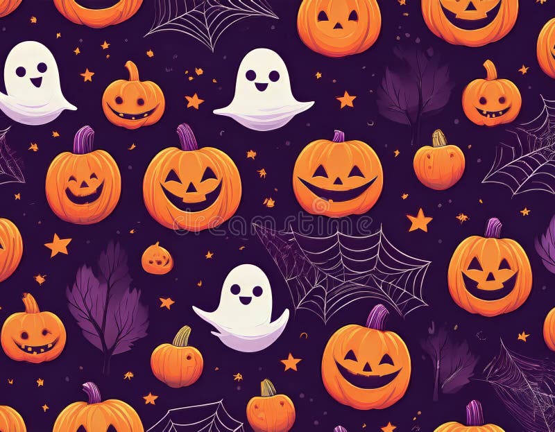Seamless Halloween Pattern with Pumpkins, Ghosts, Bats, and Spider Webs ...