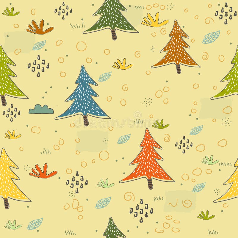 Seamless Hand Drawn Design with Spruce Trees. Bright Scandinavian Style ...