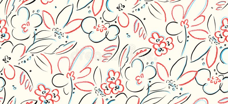 Seamless Hand Drawn Floral Pattern. Colored Outline Design Ready for ...