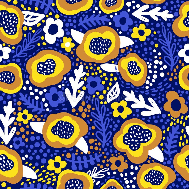 Seamless Hand Drawn Floral Pattern in Yellow and Blue Colors. Great for ...