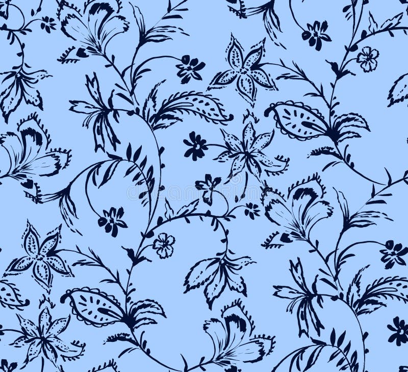 Seamless Hand Drawn Flowers with Leaves. Repeating Pattern on Blue ...