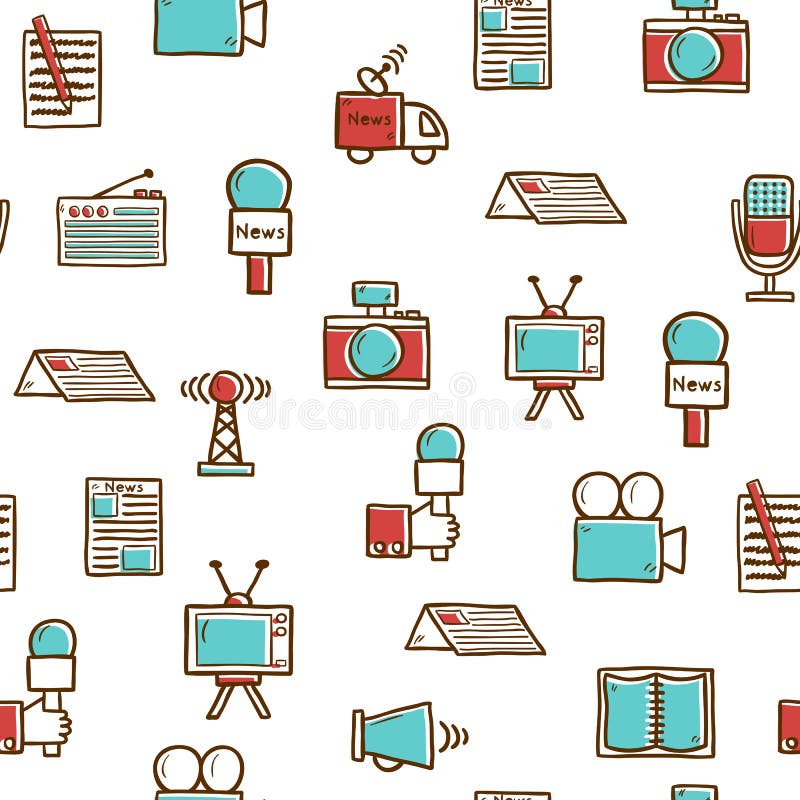 Journalism Seamless Pattern Vector with Line Icons. News Interviewer ...