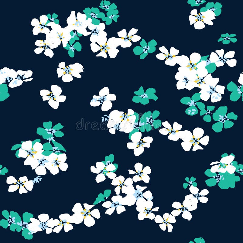 Seamless Hand Drawn Mini Flowers. Repeating Pattern on Dark Blue ...