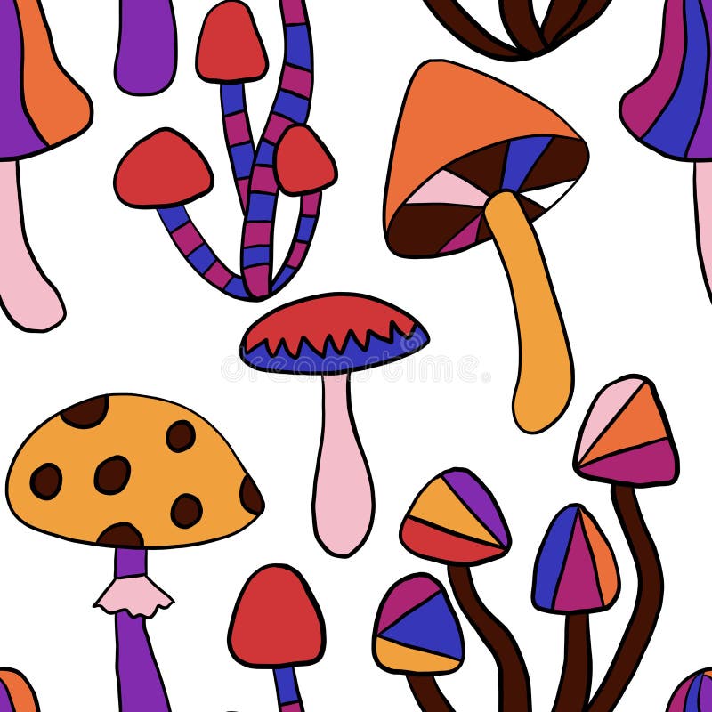 Seamless Hand Drawn Pattern With Hippie Groovy Mushrooms In Orange
