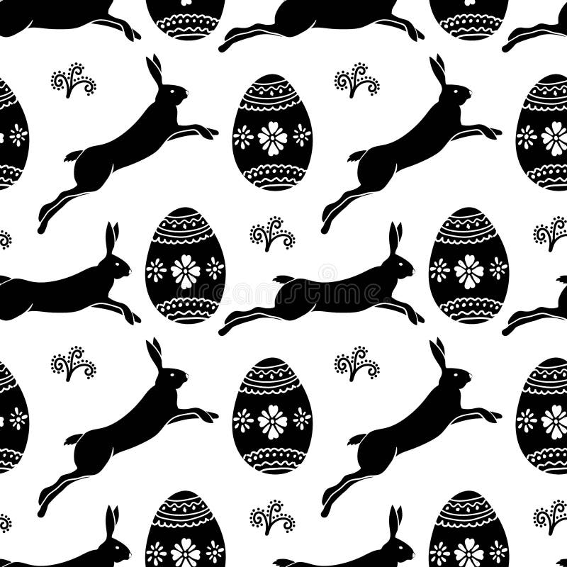 Seamless Hand-drawn Pattern of a Running Bunny and an Easter Egg ...