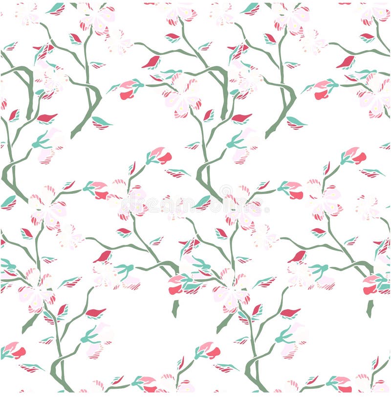 Seamless Hand Drawn Pattern Sakura Blooming Branch on White Stock ...