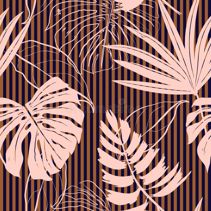Seamless Hand Drawn Pink Tropical Leaves Pattern on Retro Strip Stock ...