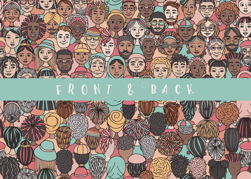 Seamless Hand-Drawn Vector Banner of Diverse Doodle Faces – Front and ...