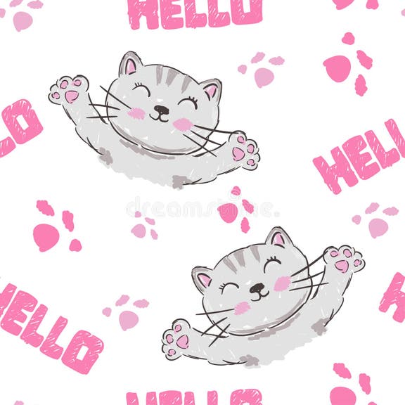 Seamless Hand Drawn Vector Kitten Pattern with Cute Smiling Cats and Positive Greetings Hello ...