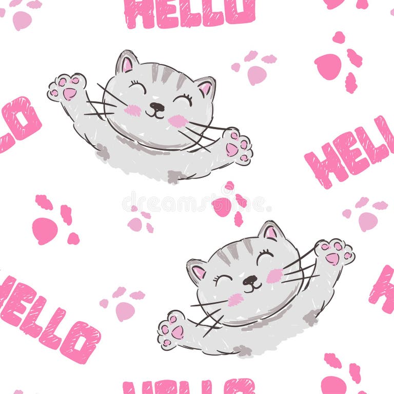 Seamless Hand Drawn Vector Kitten Pattern with Cute Smiling Cats and ...