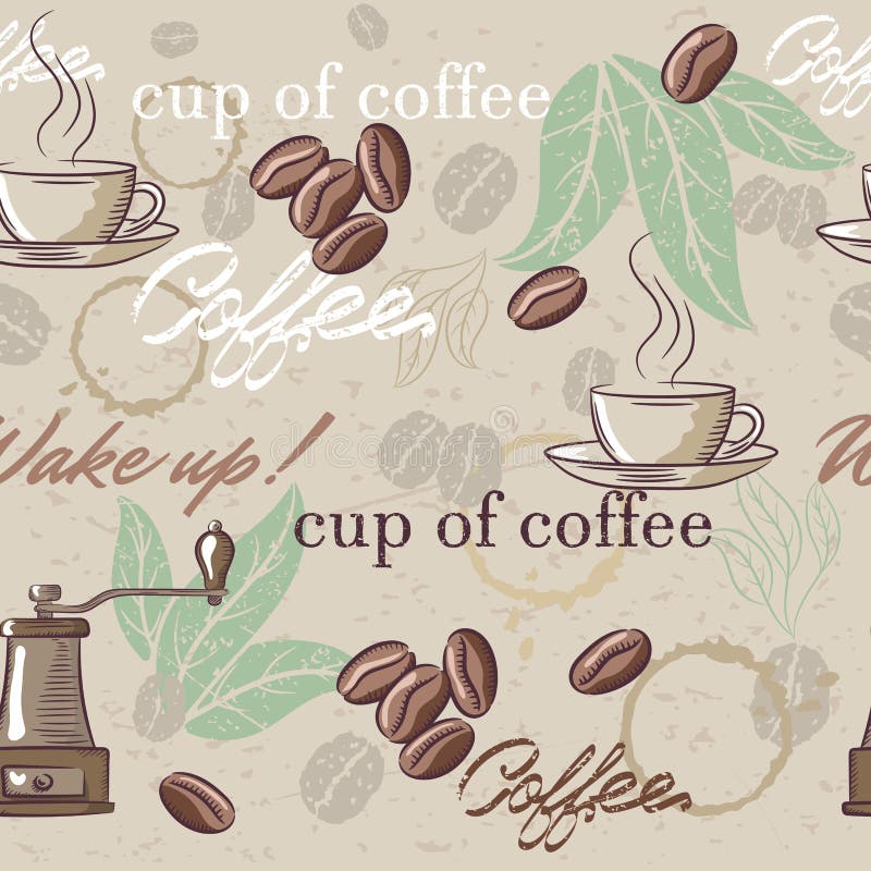 Seamless Hand Drawn Vintage Coffee Pattern. Stock Vector - Illustration ...