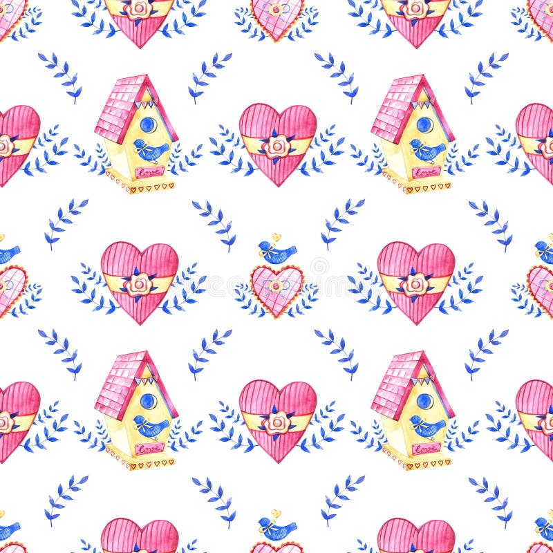 Seamless Hand Drawn Watercolor Spring Pattern with Hearts. Stock Image ...