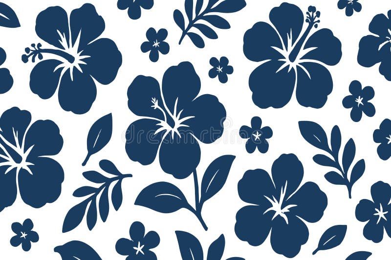 Seamless Hawaiian Hibiscus Floral Pattern in Navy Blue on White ...