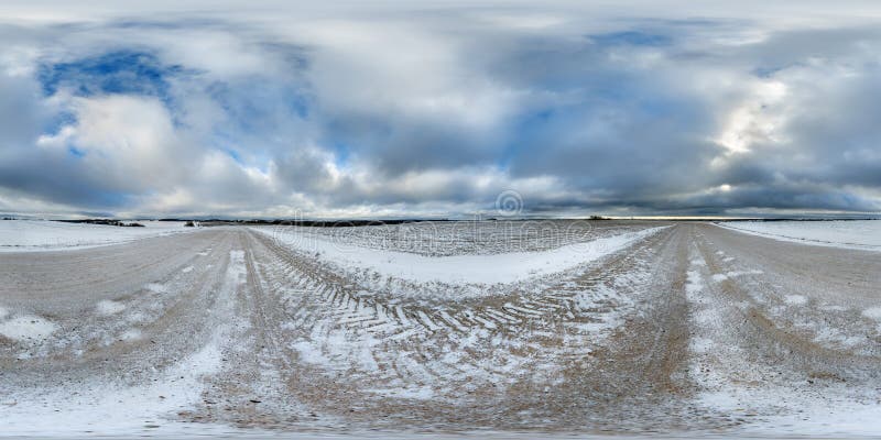 360 Seamless Hdri Panorama View on Winter Road among Snowy Fields with ...