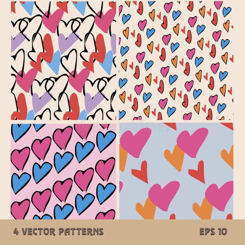 4 Seamless Hearts Patterns on Background Stock Vector - Illustration of ...
